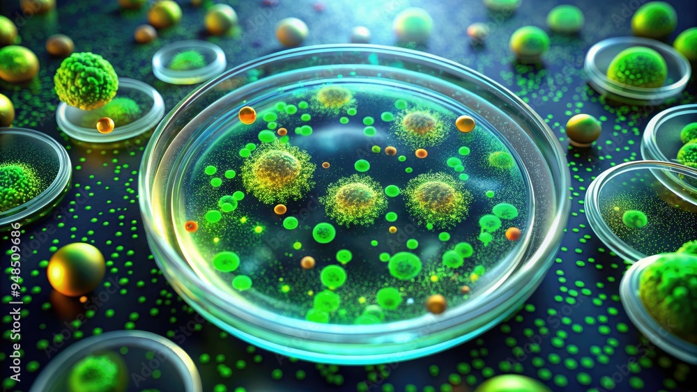 Microscopic view of cellular division and growth, with vibrant green ...