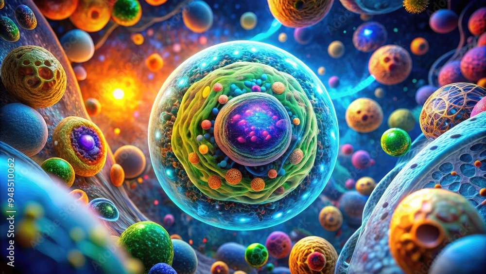 Microscopic view of cellular structure, vibrant colors highlighting ...