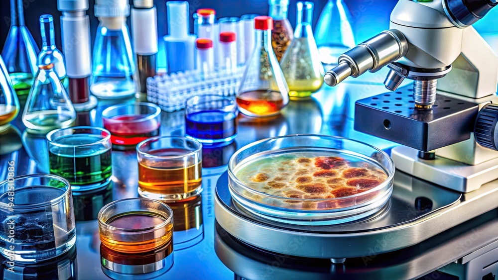 Microscopic view of petri dish containing cultured biological tissue ...