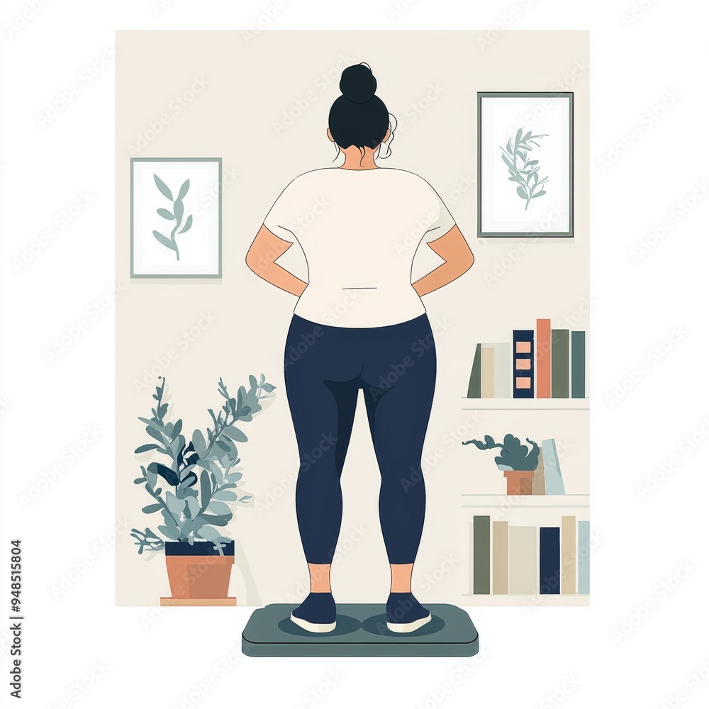 The illustration depicts a woman with a plus size body doing yoga at ...