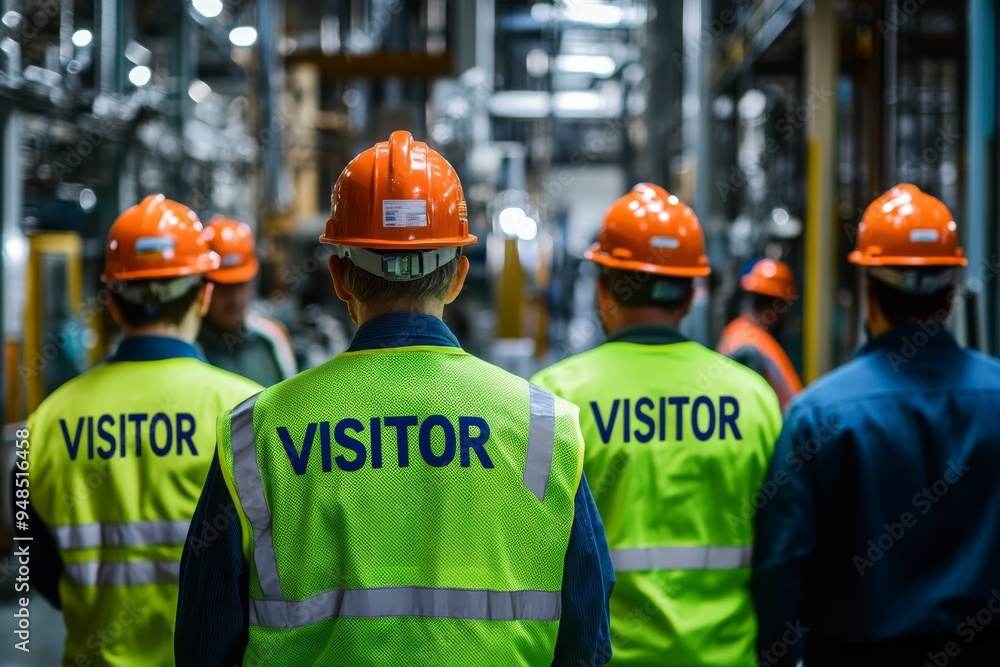 Visitors wearing safety gear like hard hats and colored vests are on a ...