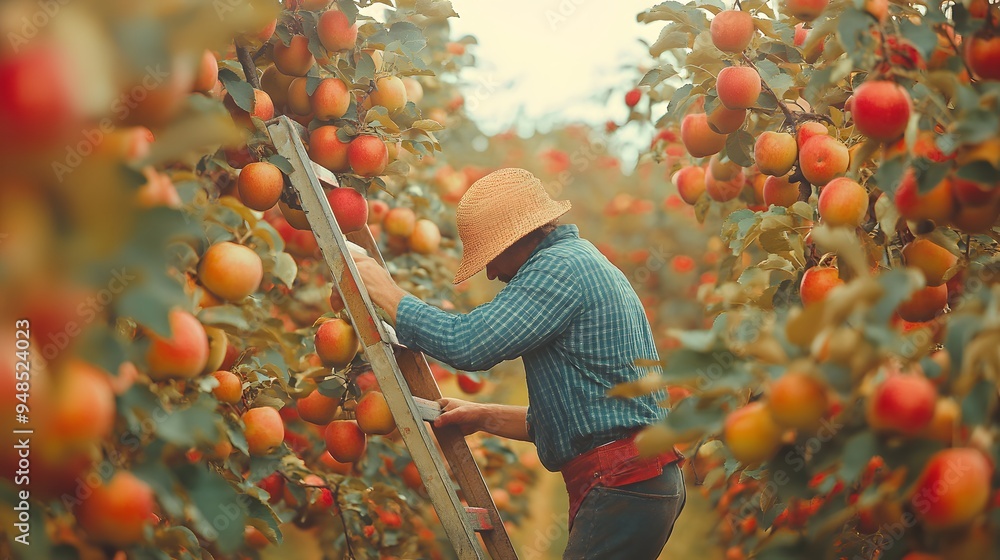 46. **A farmworker picking apples from a tree using a ladder. Stock ...