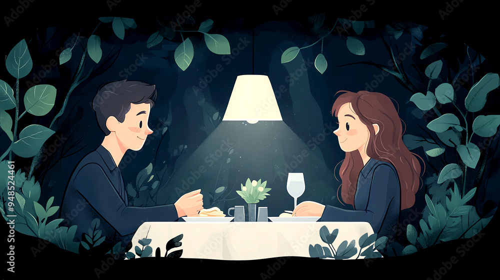 Romantic dinner scene featuring a couple dining in a cozy, lush ...