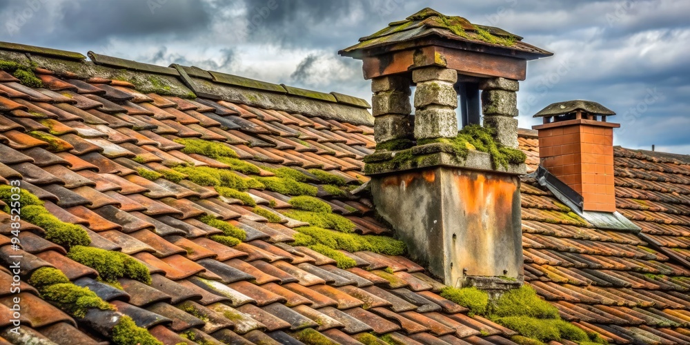 Weathered, rusty metal chimney rises from a decaying old roof with ...