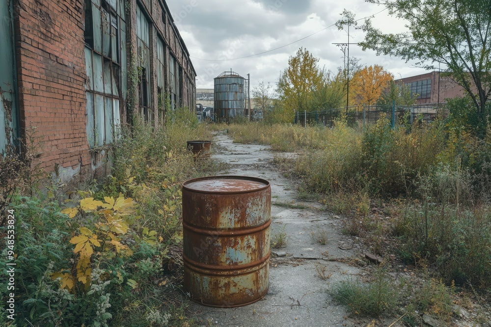 An abandoned industrial site with corroded barrels of hazardous waste ...