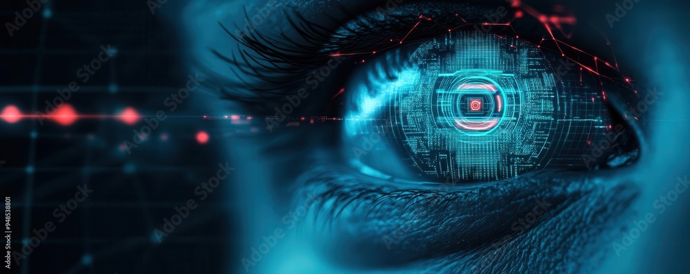 Detailed eye with biometric scan, futuristic HUD design, neon cyber ...