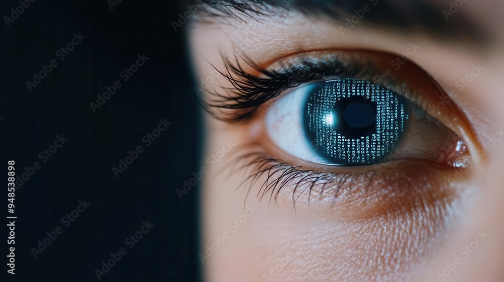 Digital iris scan on human eye, abstract data streams, cyber security ...