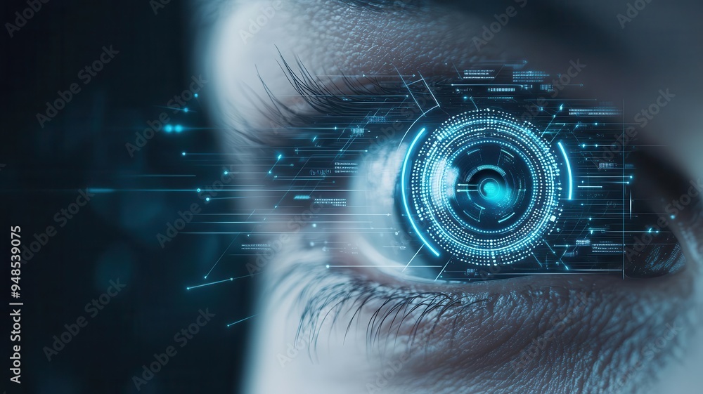 Eye being scanned by futuristic tech, glowing biometric interface, high ...