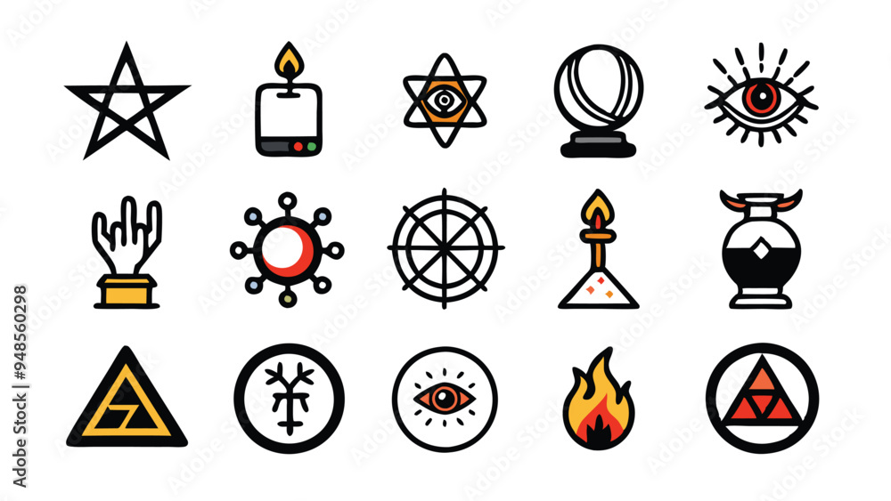 Set of esoteric symbols icons in line style, featuring occult ...