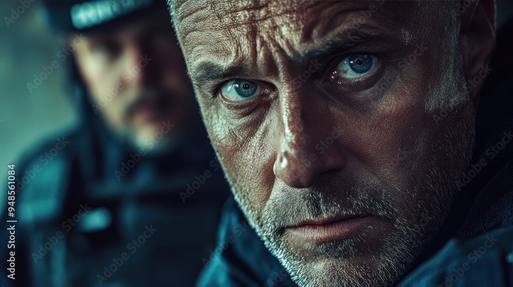 A close-up of an arrested man with a police officer, with cold lighting ...