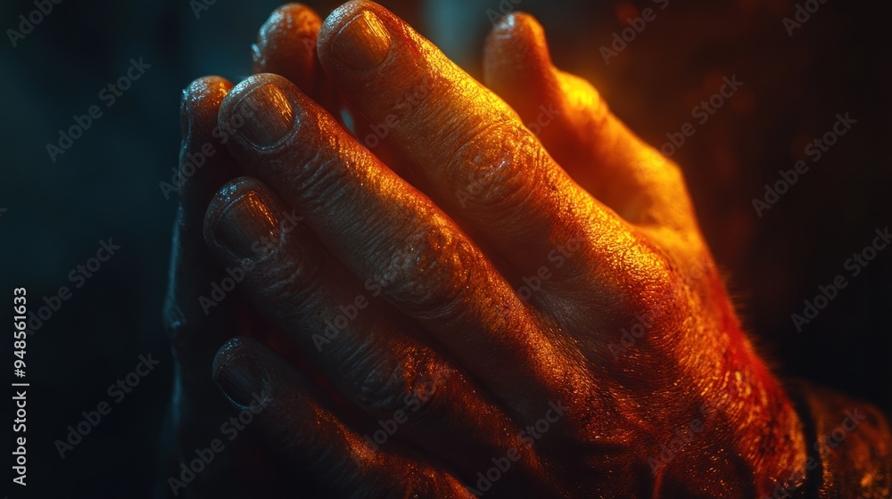 Hands clasped in prayer under dim light, conveying sincere emotion and ...