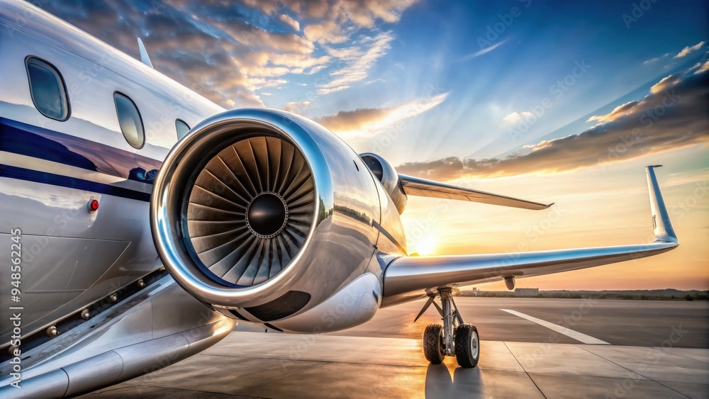 of private aircraft jet engine with a part of a wing, airplane, private ...