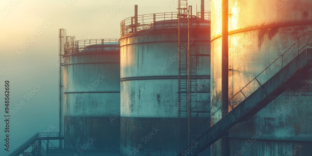 Large oil storage tanks symbolize the fossil fuel industry, vital for ...