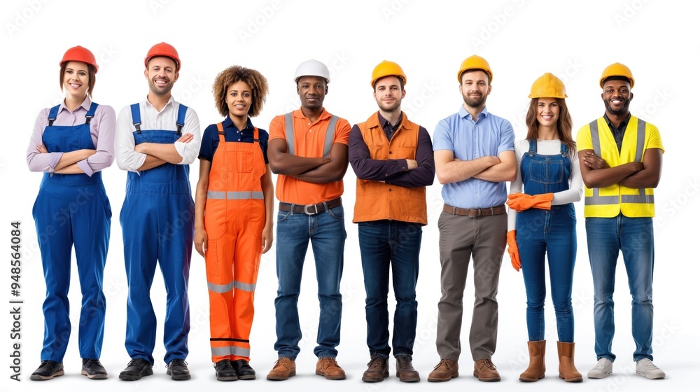 Nine construction workers in safety gear stand confidently with their ...