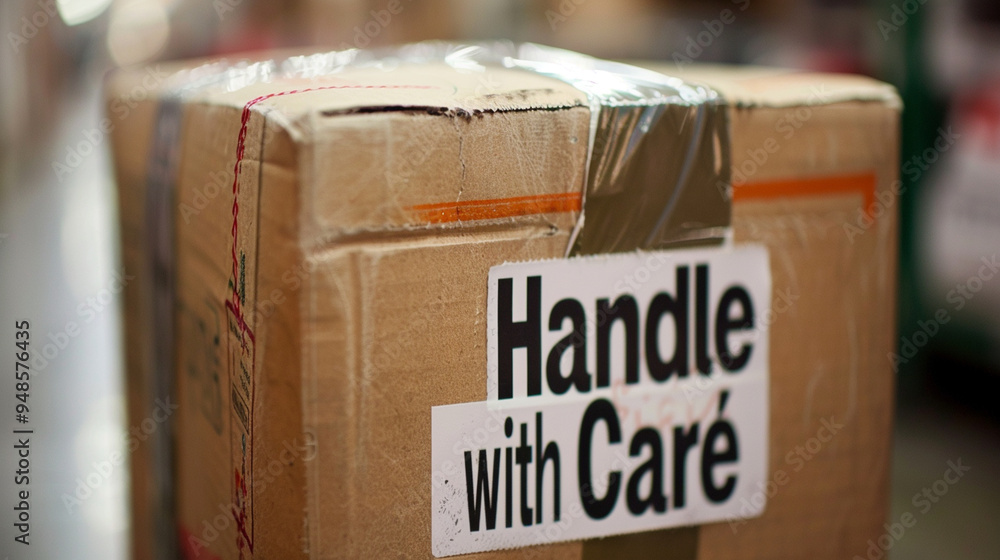Close-up of a parcel with a printed "Handle with Care" sticker ...