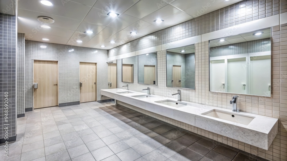 A modern and clean public restroom with white tiled walls and granite ...
