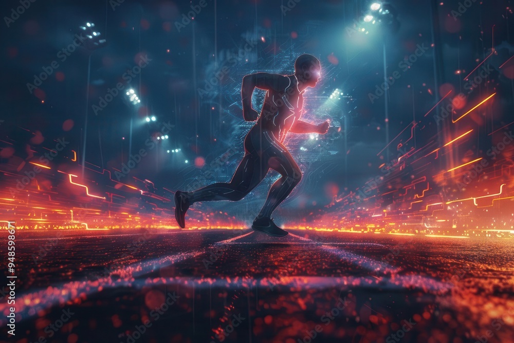 Futuristic male athlete running on a track, holographic overlay showing ...