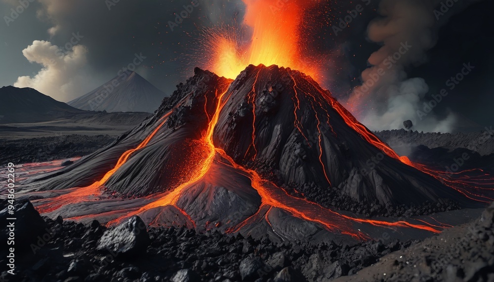 A dramatic slow-motion shot of a volcanic eruption, with molten lava ...