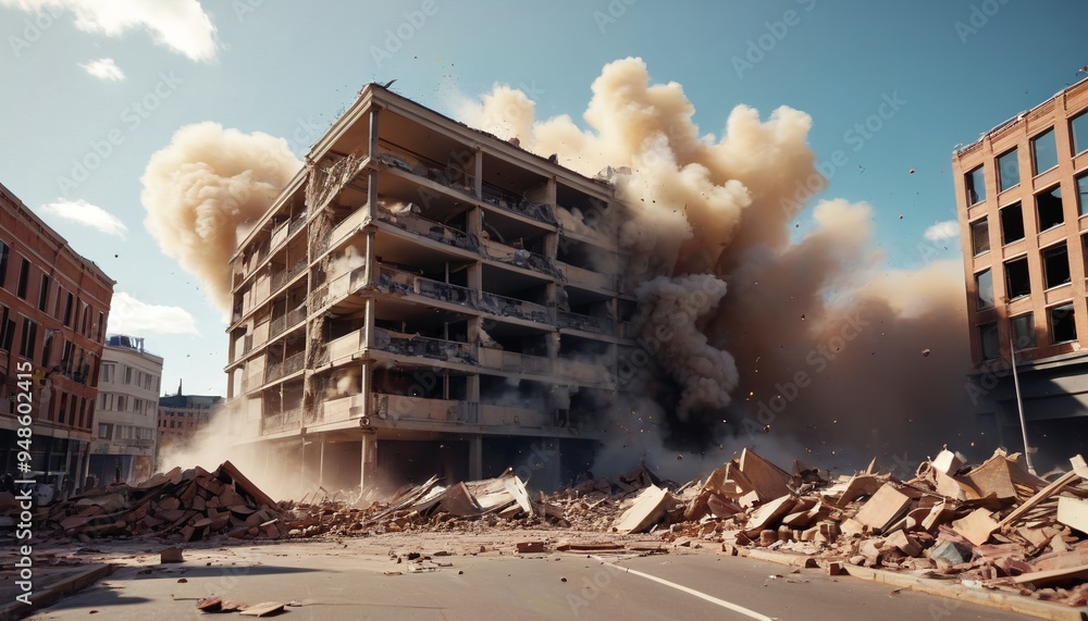 A slow-motion depiction of a building demolition, with debris and dust clouds billowing outward ...
