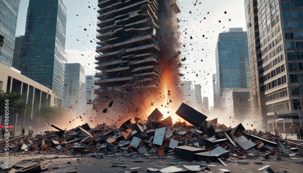 A slow-motion capture of a skyscraper being demolished, with debris and ...
