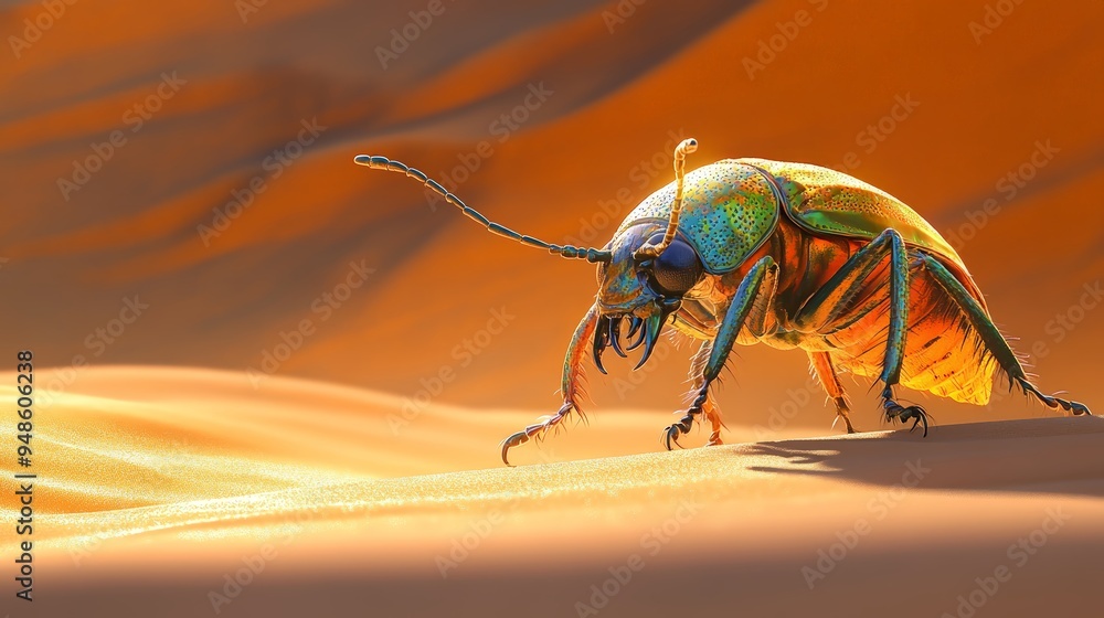 Tiger Beetle in a desert with golden light and dramatic sand dunes ...