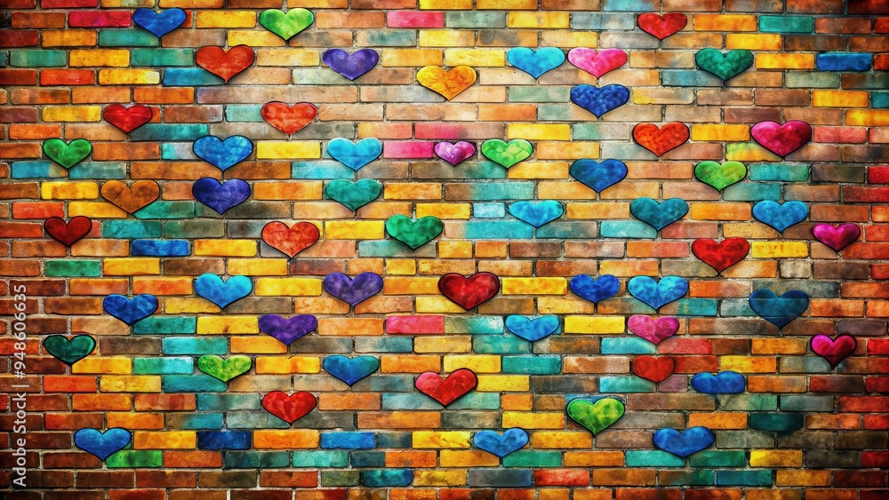 Brick wall with colorful graffiti hearts , love, urban, street art ...
