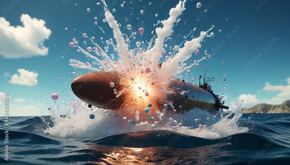 A slow-motion depiction of a torpedo hitting a target underwater, with ...