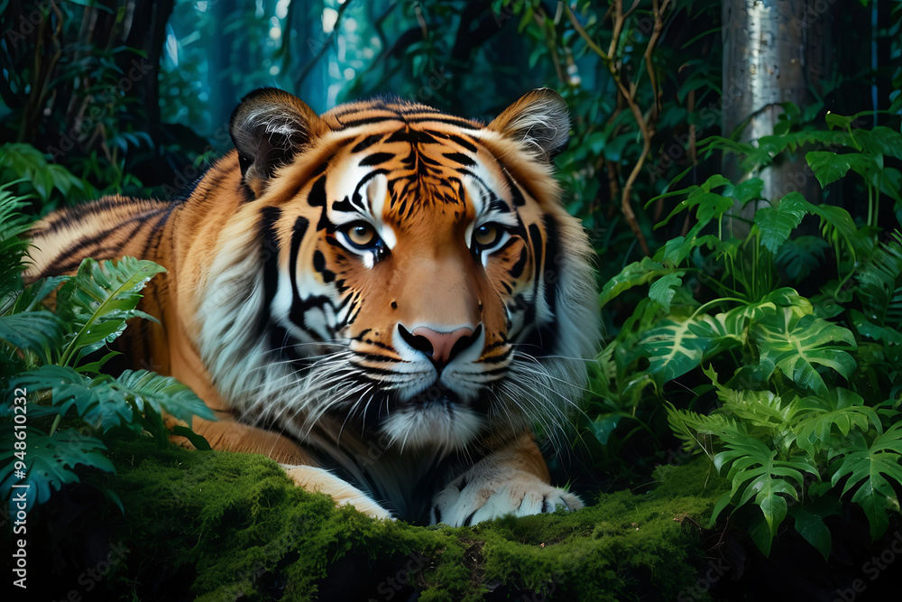 in a mesmerizing tableau, an opulently big tiger, adorned arcane ...