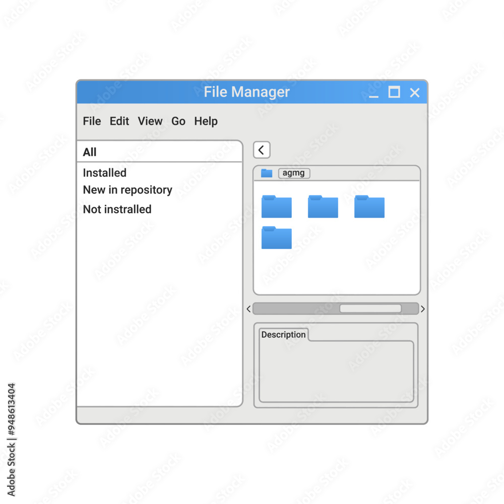 Retro file manager program with blue files and folders on screen. Old computer explorer with ...
