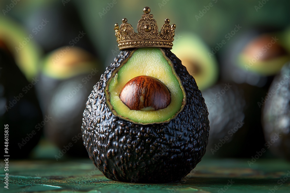 avocado wearing a tiny crown, ruling over a kingdom of avocados on a ...