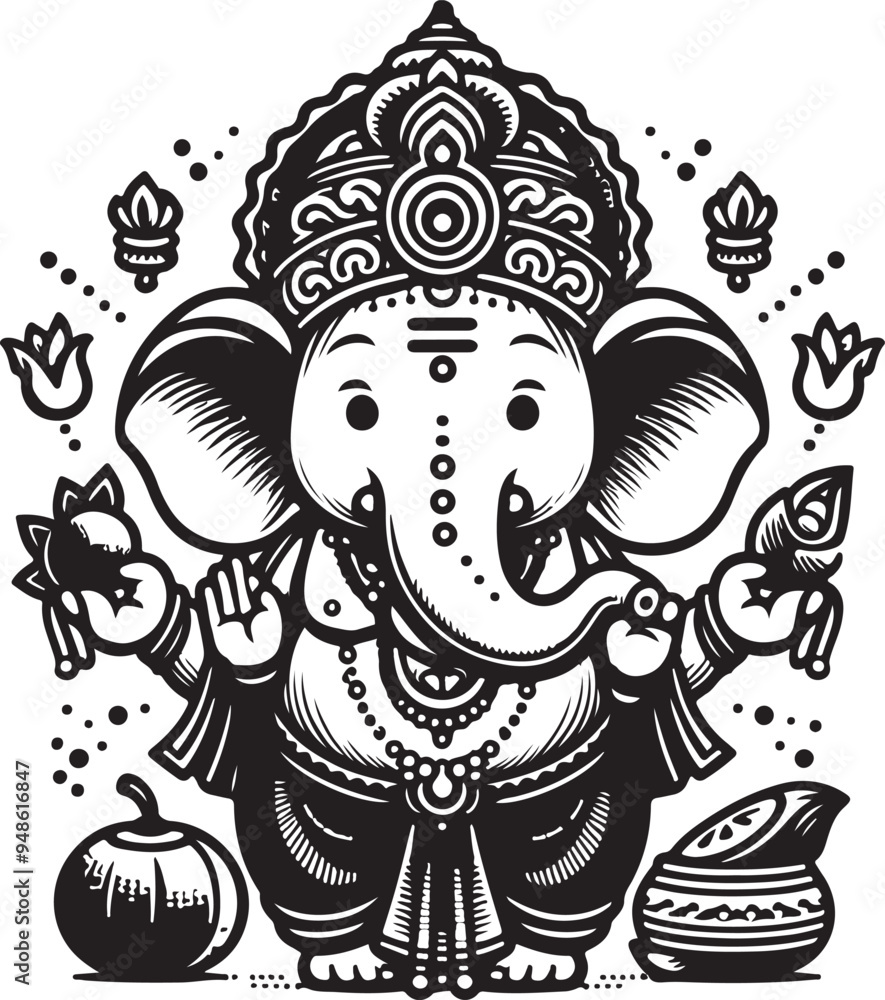 Indian God Ganapati Simple 2D Cute Single Characters with Silhouette ...