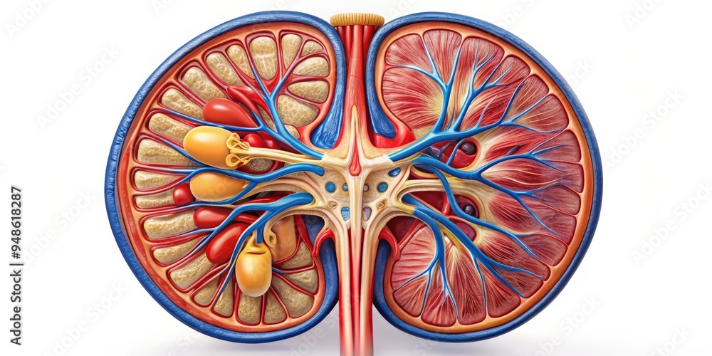 Human kidney cross section showing nephrons, renal tubules, and blood ...