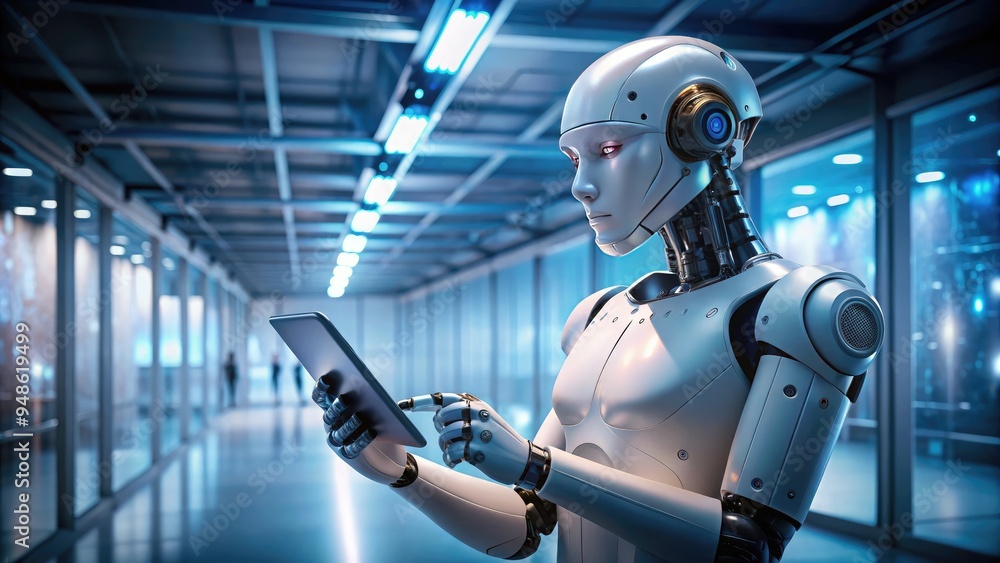 Hyper-realistic digital art of an Al robot holding a modern smartphone ...