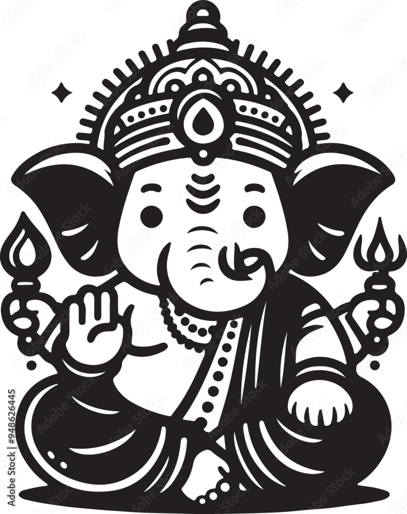 Indian God Ganapati Simple 2D Cute Single Characters with Silhouette ...