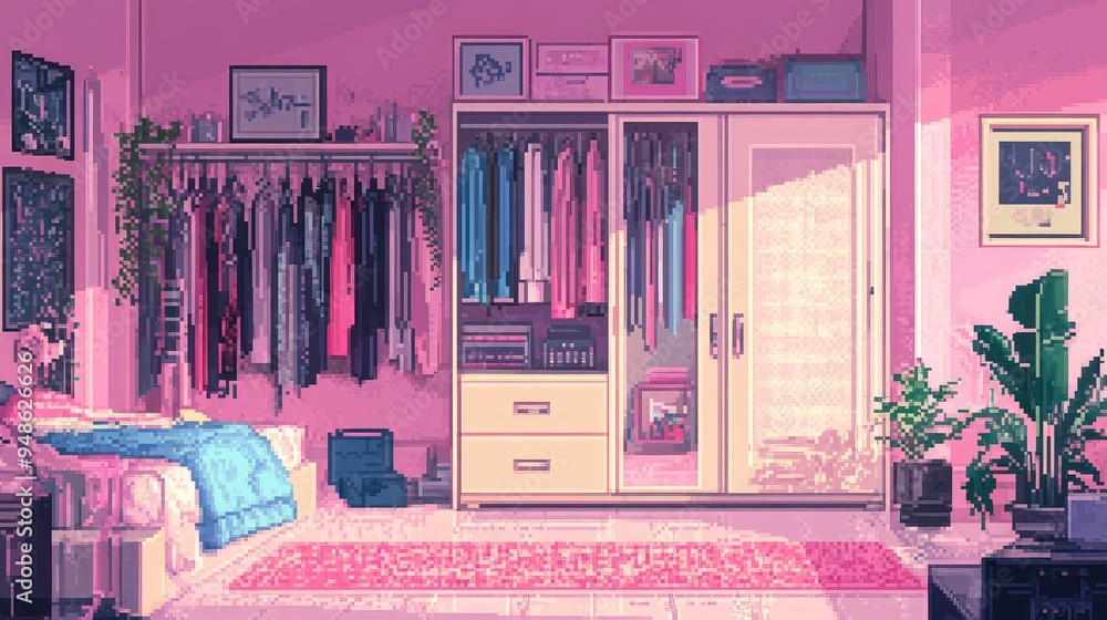 Fashionable pixel art bedroom from the 90s, dominated by pink hues ...