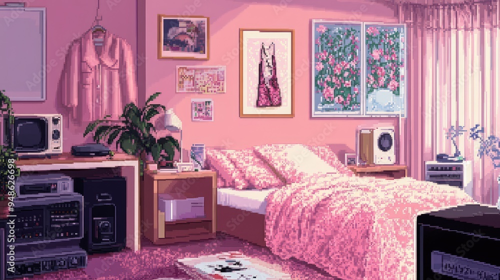 Fashion-forward pixel art bedroom from the 90s, showcasing a pink color ...