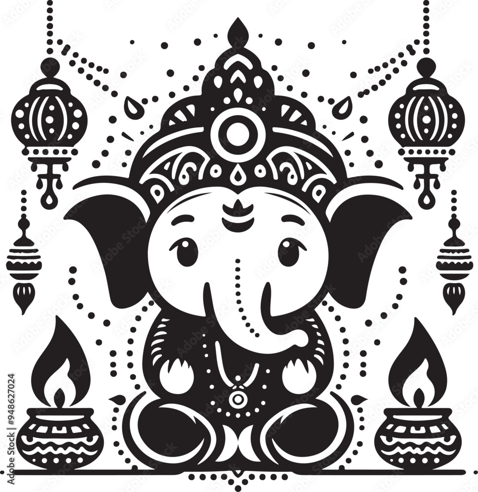 Indian God Ganapati Simple 2D Cute Single Characters with Silhouette ...