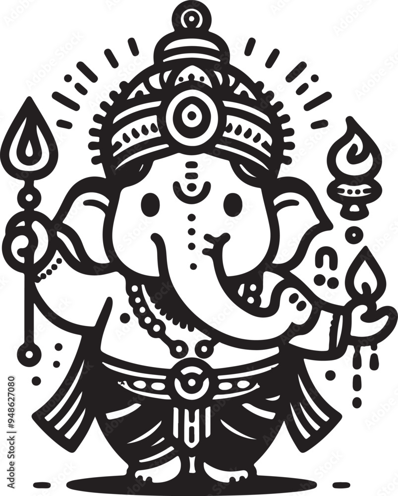 Indian God Ganapati Simple 2D Cute Single Characters with Silhouette ...