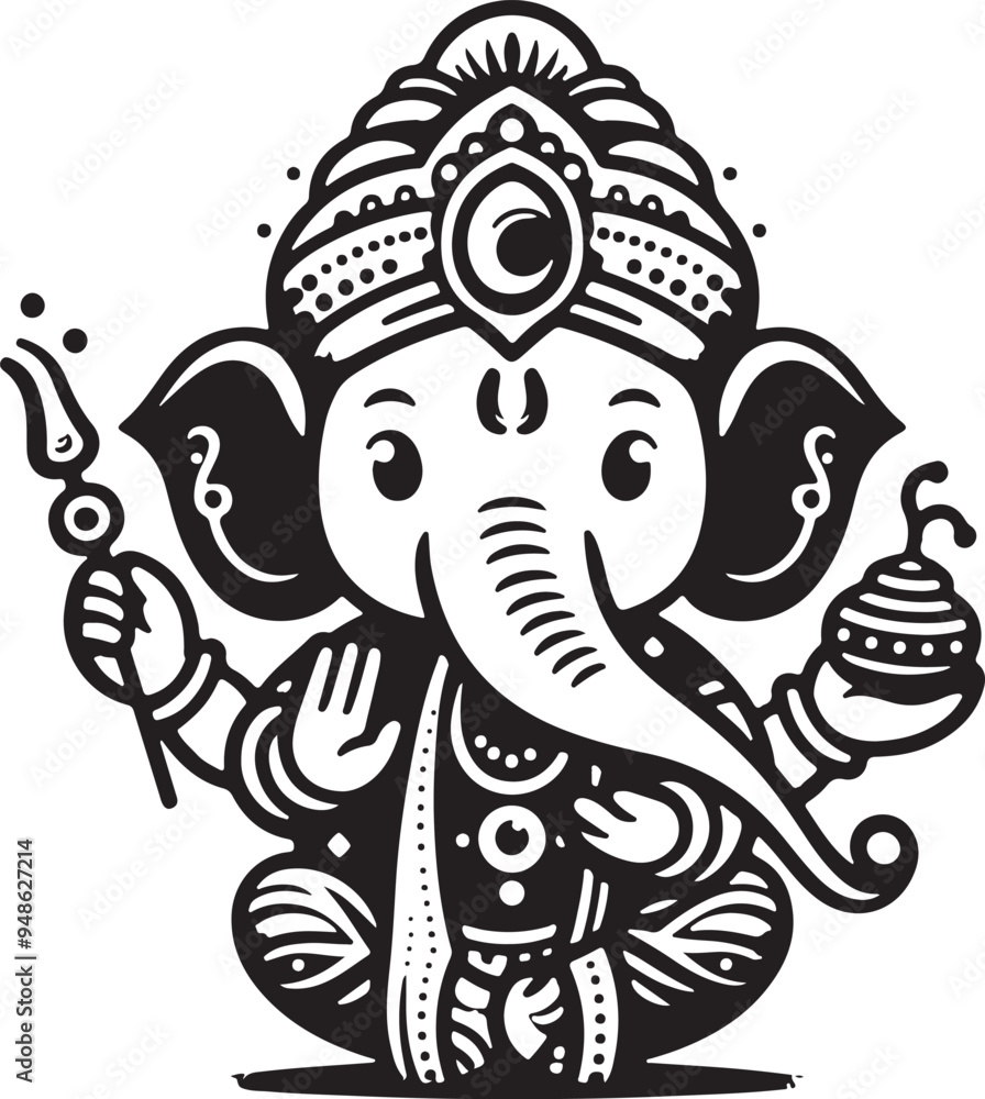 Indian God Ganapati Simple 2D Cute Single Characters with Silhouette ...