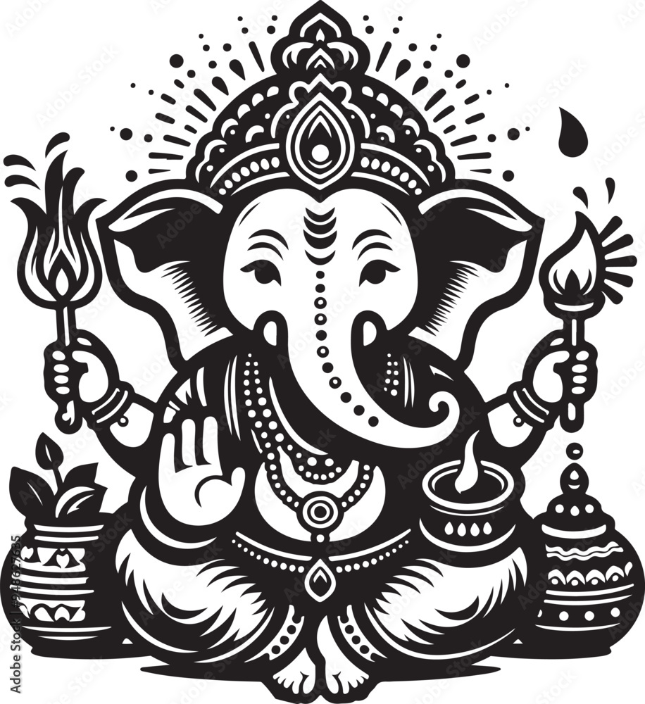 Indian God Ganapati Simple 2D Cute Single Characters with Silhouette ...