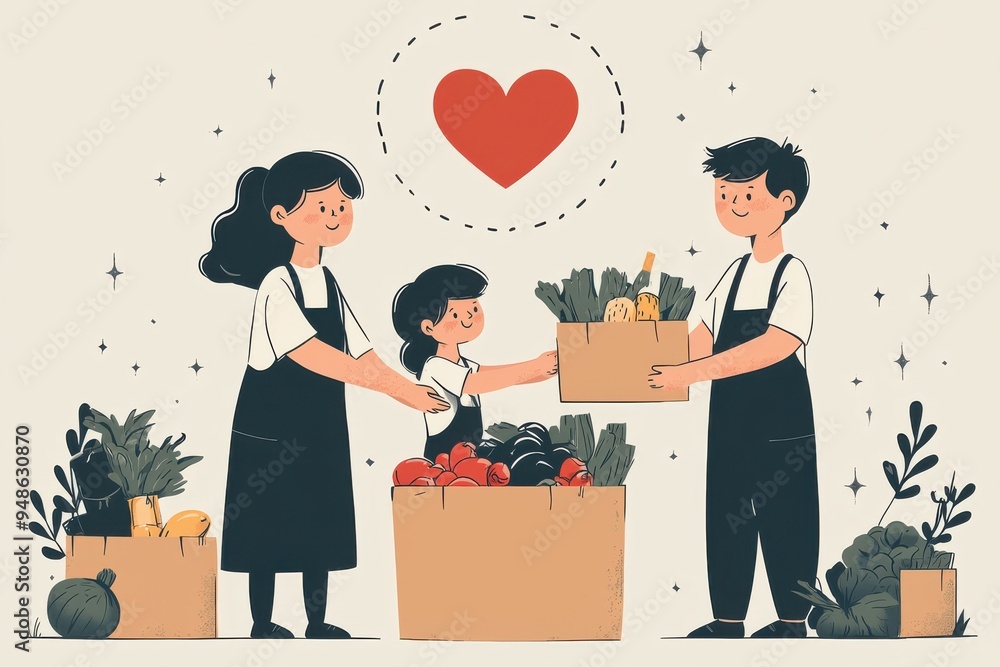 A family receiving groceries from a charity organization, with an icon ...