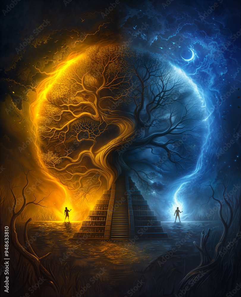 Dual-colored tree over a Mayan pyramid, representing balance between ...