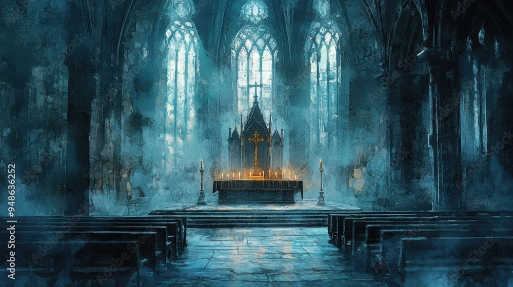 An ethereal, dark cathedral interior with towering arches and mist ...