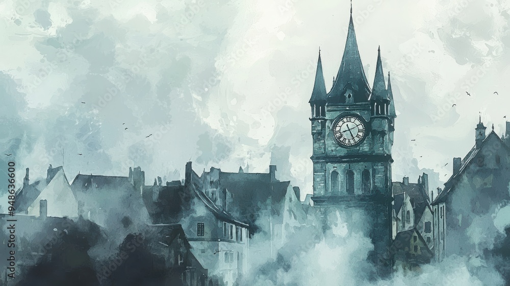 Mysterious cityscape featuring a foggy clock tower amidst quaint ...