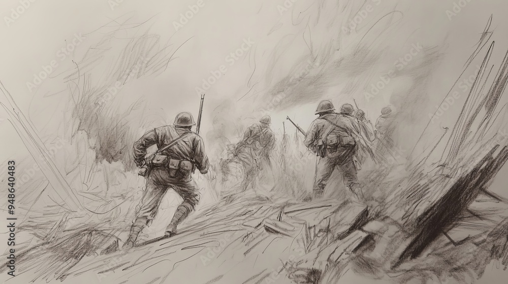 Pencil sketch of a World War I scene, capturing the era's historical ...