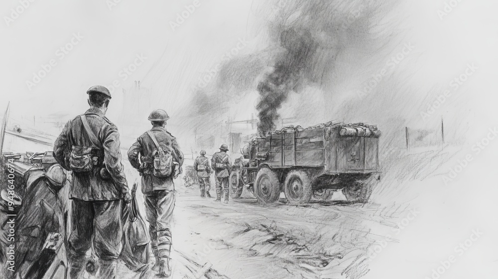 ภาพประกอบสต็อก Pencil sketch of a World War I scene, capturing the era ...
