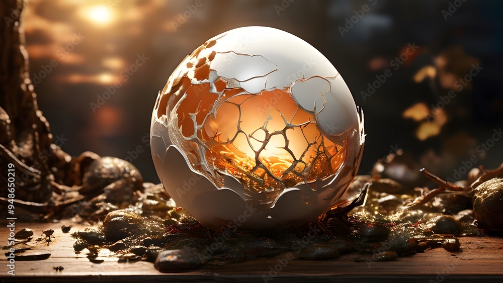 Surreal Eggshell An eggshell cracked open, revealing not a chick but something unexpected like a ...