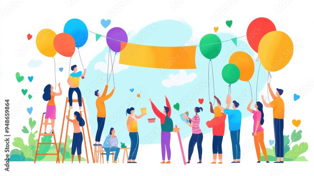 Volunteers organizing a community event, with a banner for the ...