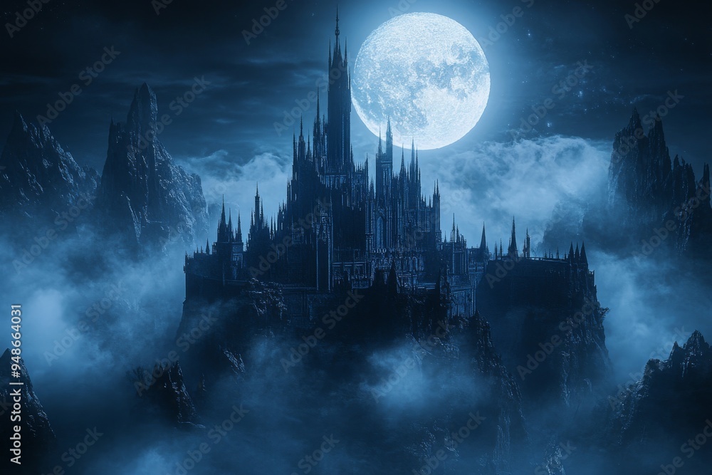 Nightfall at a haunted Gothic castle, an old spooky mansion in a full ...