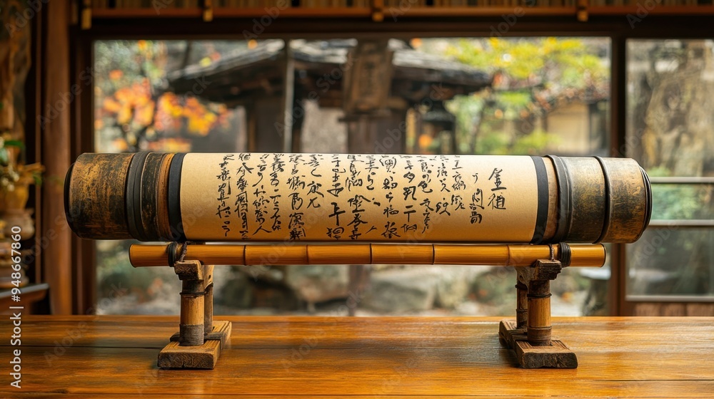 japanese art display, old japanese calligraphy scrolls presented on a ...